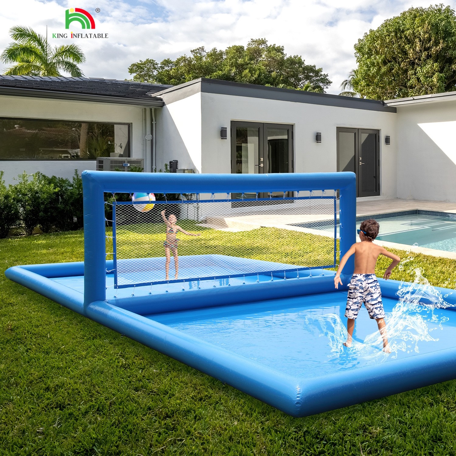 33FT Inflatable Volleyball Court Pool Blue Beach Water Volleyball Net ...